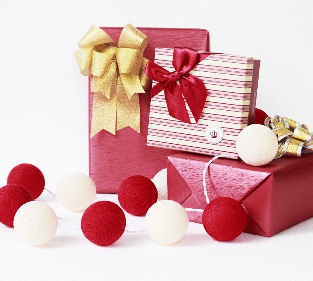 Red & Cream Cotton Ball String Lights for Bedroom Fairy Lights Night ...