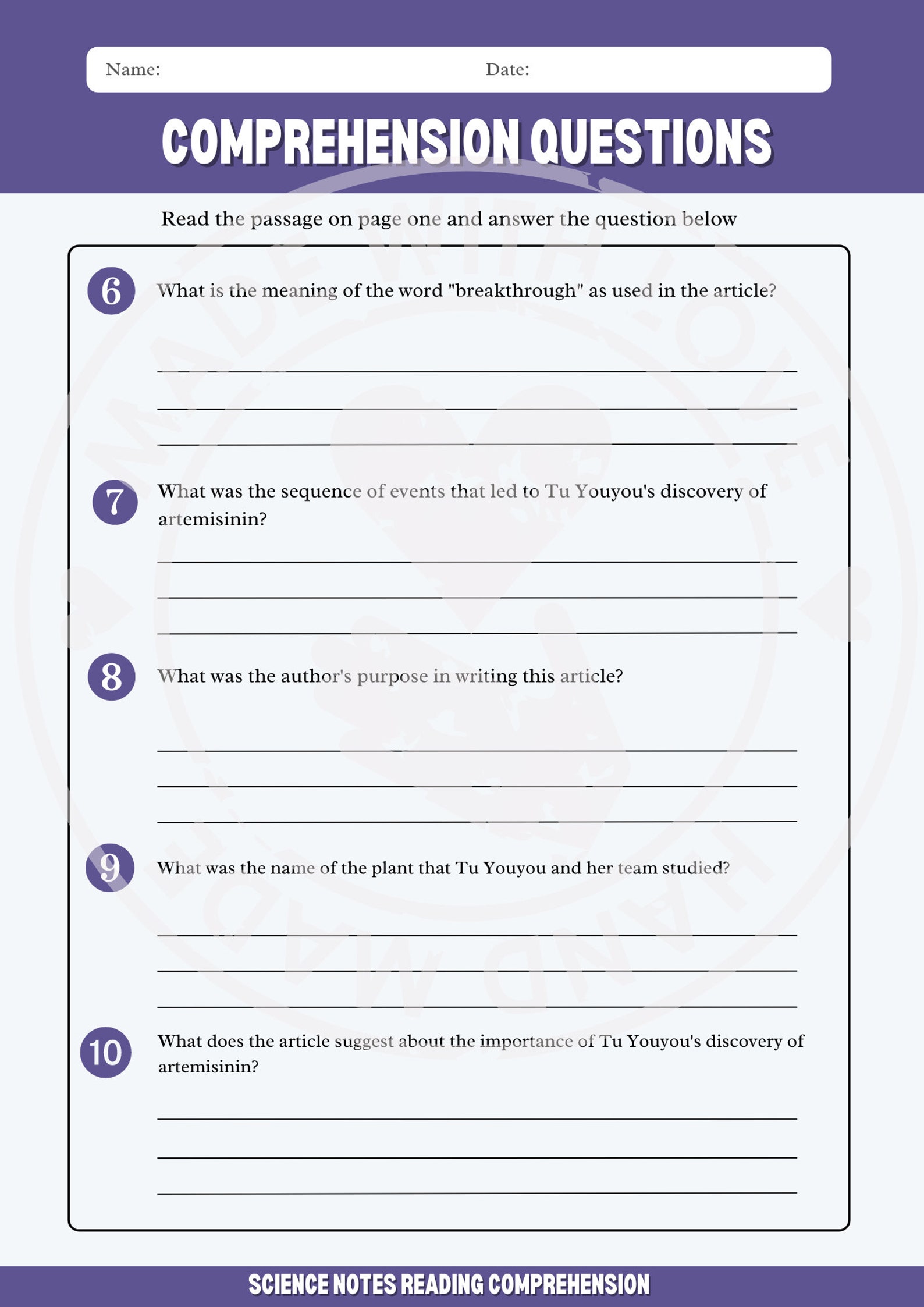 Tu Youyou Comprehension Activity | Women in Science Comprehension ...