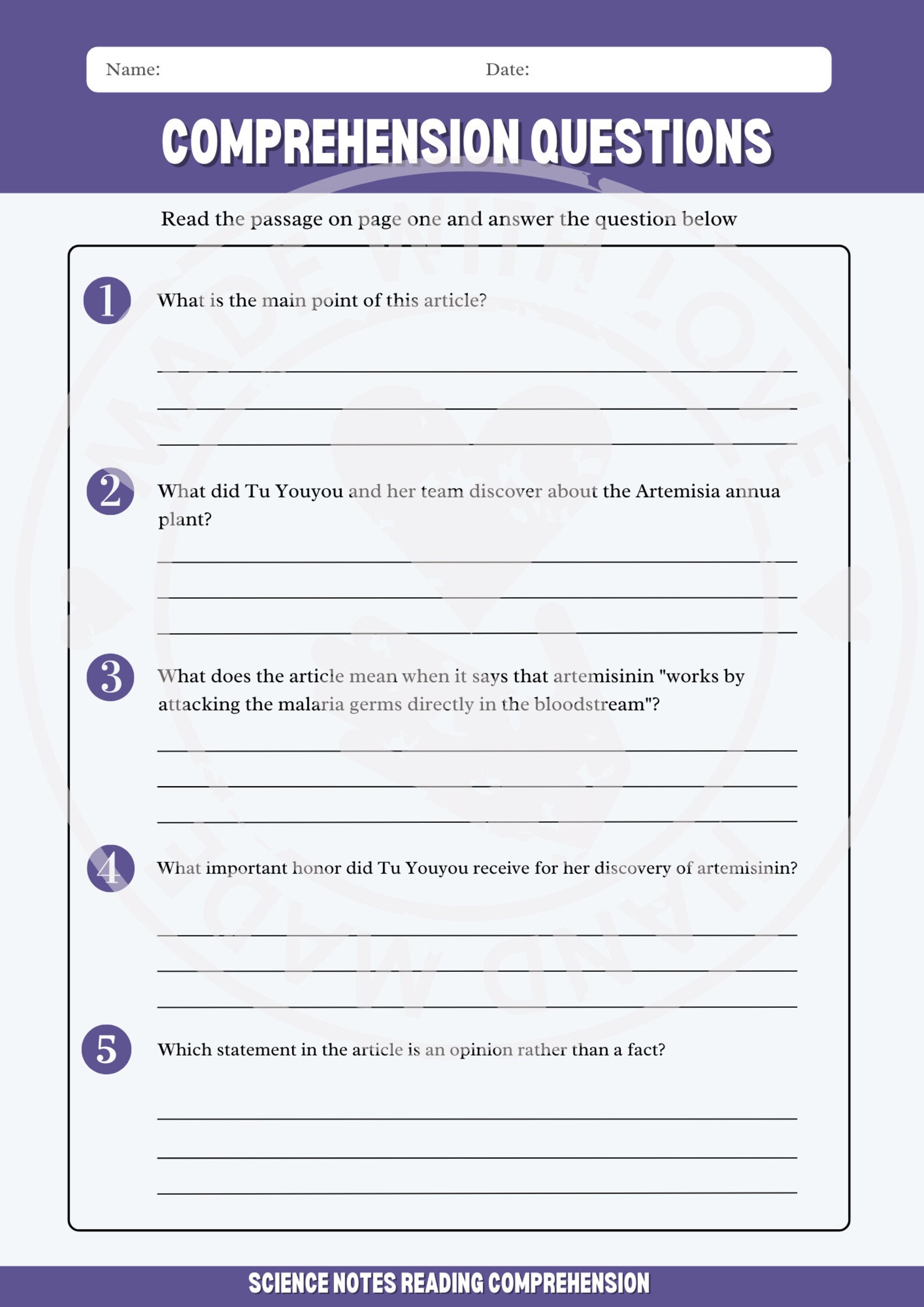 Tu Youyou Comprehension Activity | Women in Science Comprehension ...
