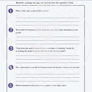 Tu Youyou Comprehension Activity | Women in Science Comprehension ...