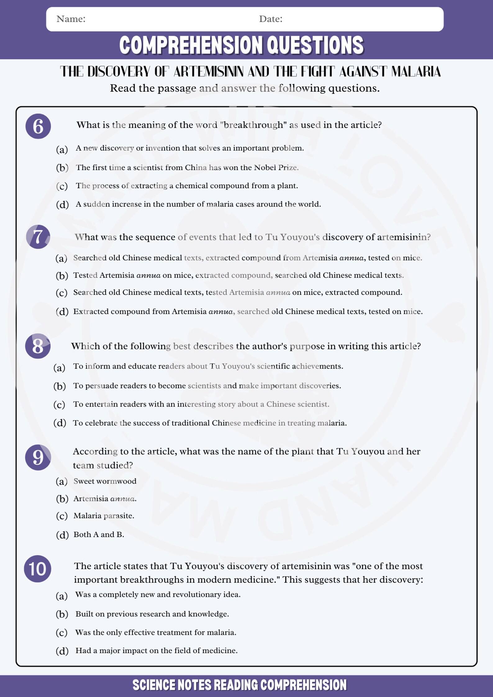 Tu Youyou Comprehension Activity | Women in Science Comprehension ...