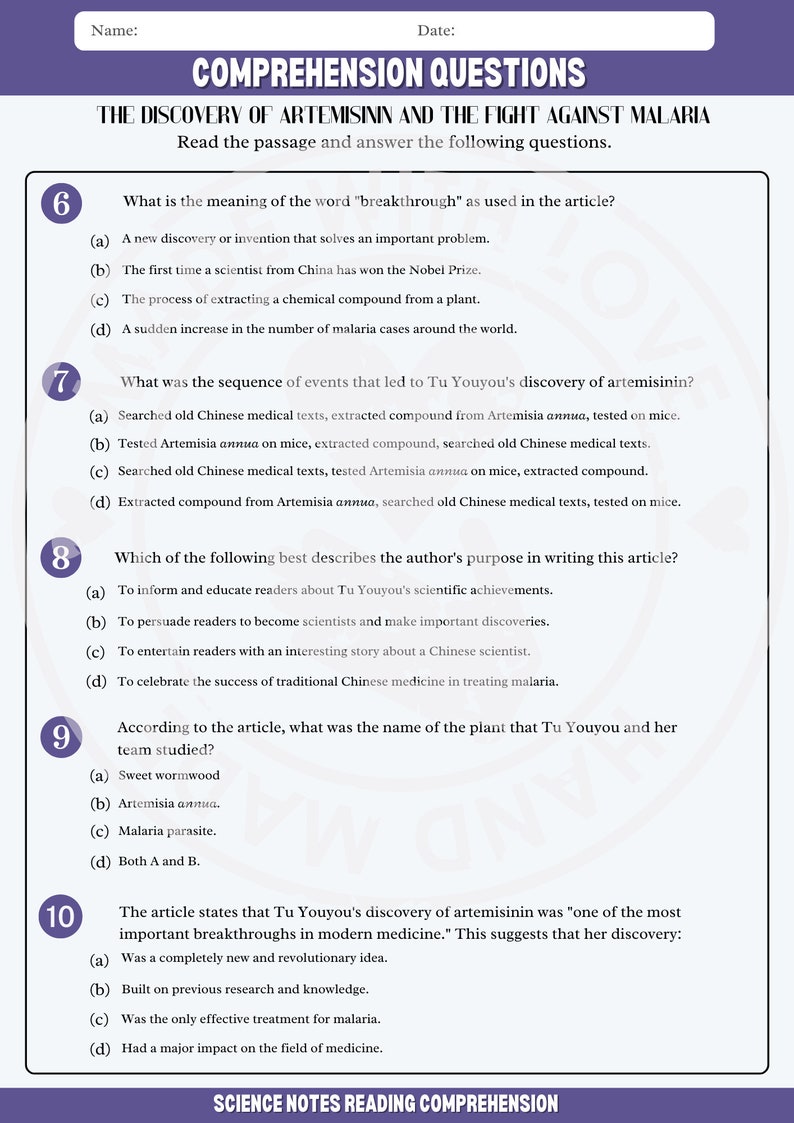 Tu Youyou Comprehension Activity | Women in Science Comprehension ...