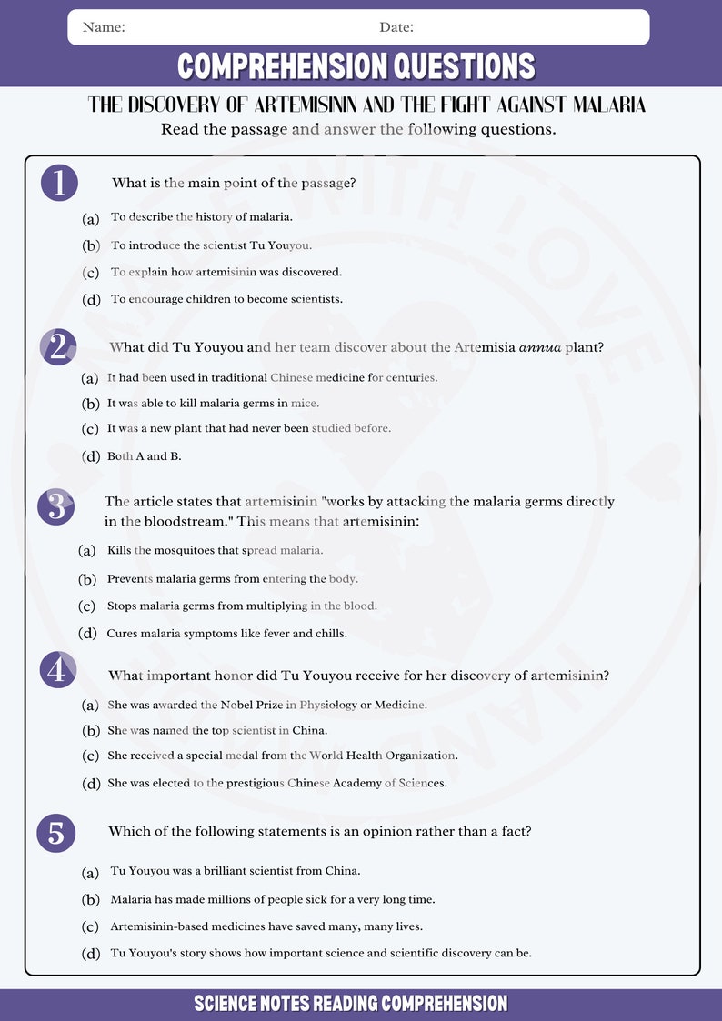 Tu Youyou Comprehension Activity | Women in Science Comprehension ...