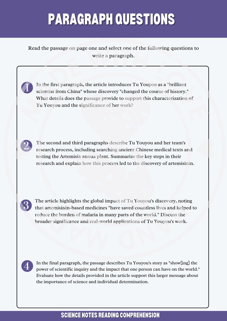 Tu Youyou Comprehension Activity | Women in Science Comprehension ...