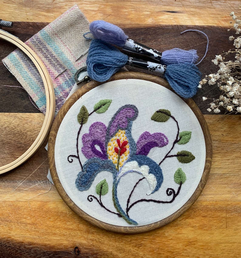Embroidery Crewelwork Printed Fabric. A Modern Crewel Embroidery Flower ...