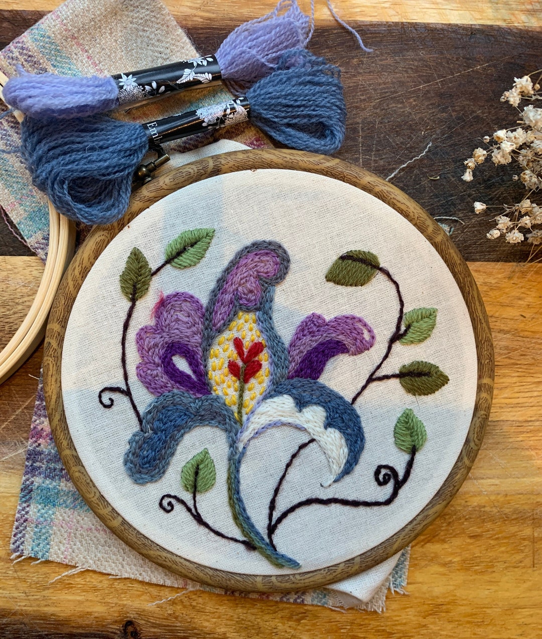 Embroidery Crewelwork Printed Fabric. A Modern Crewel Embroidery Flower ...
