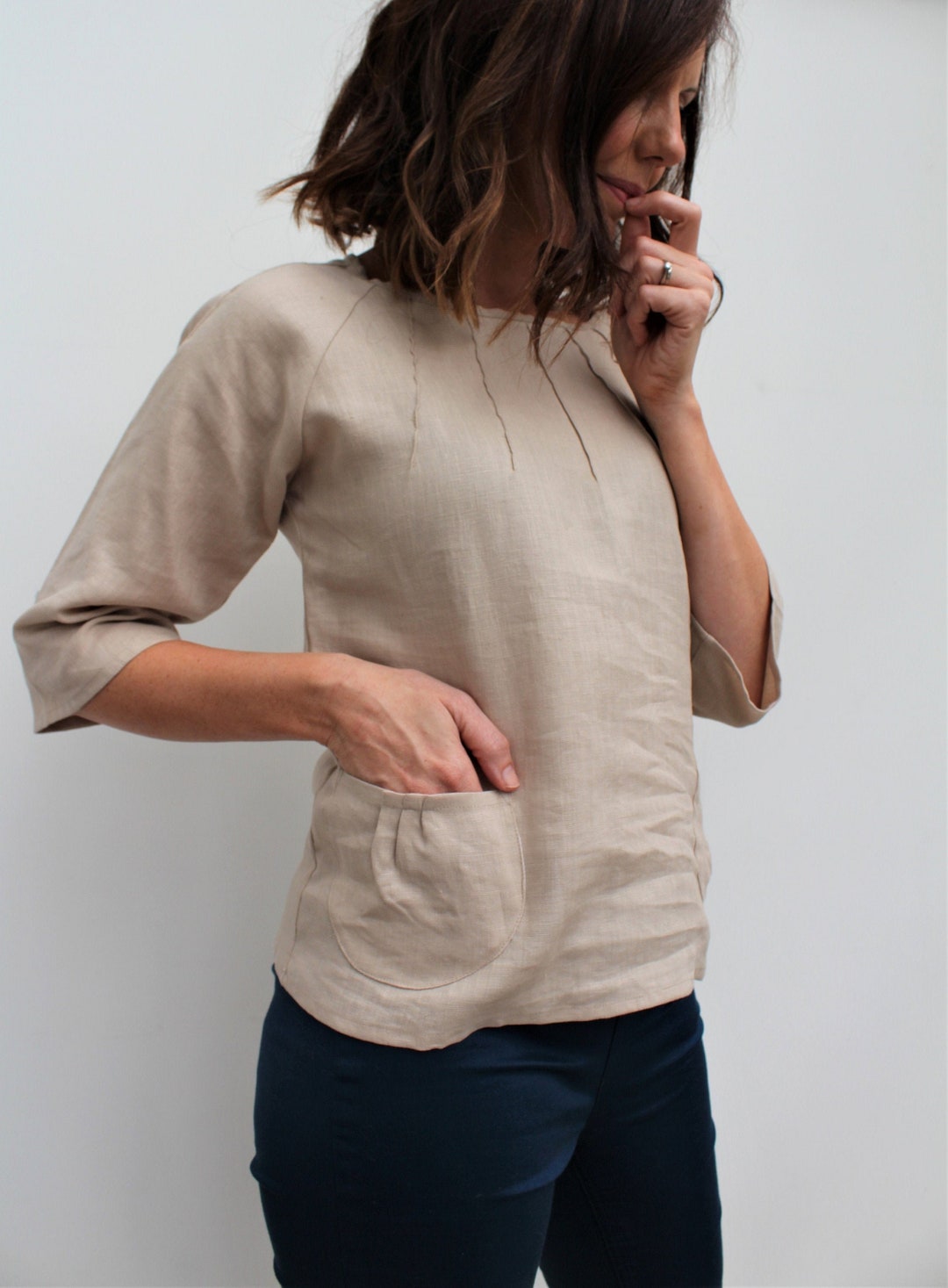 Linen Top, Pintuck Details, Pockets, Slightly Loose Cut - Etsy