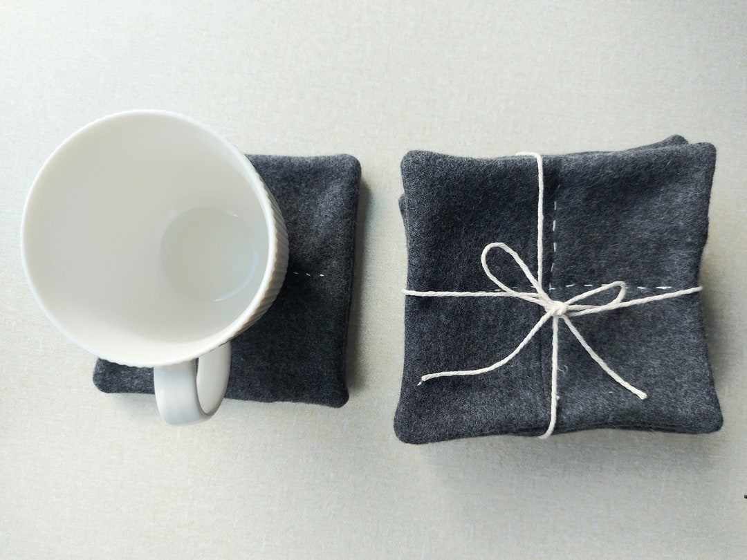Wool Cup Coasters Set of 6: Charcoal With Hand Stitching - Etsy