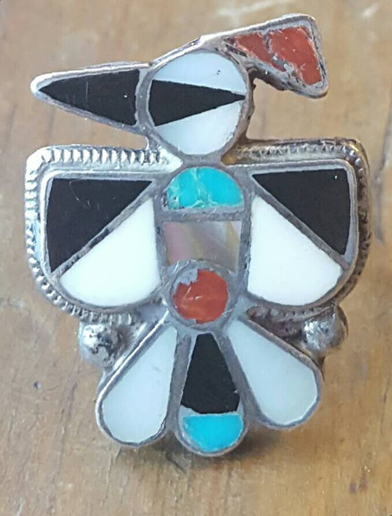 Authentic Vintage Zuni Mosaic Thunderbird Firebird Ring, Vintage Native ...