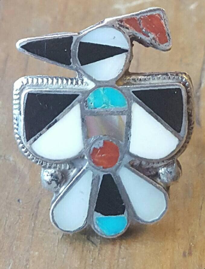 Authentic Vintage Zuni Mosaic Thunderbird Firebird Ring, Vintage Native ...
