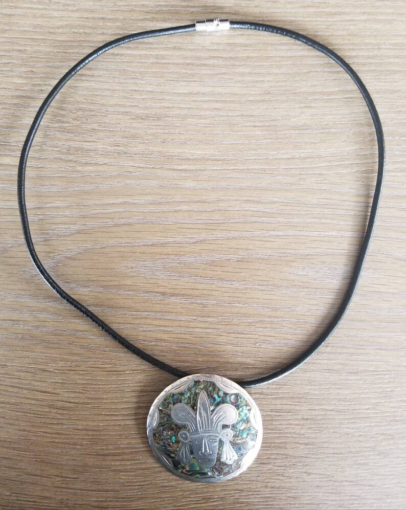 Vintage Aztec Tribal Sterling Silver Abalone Pendant Necklace, Vintage ...