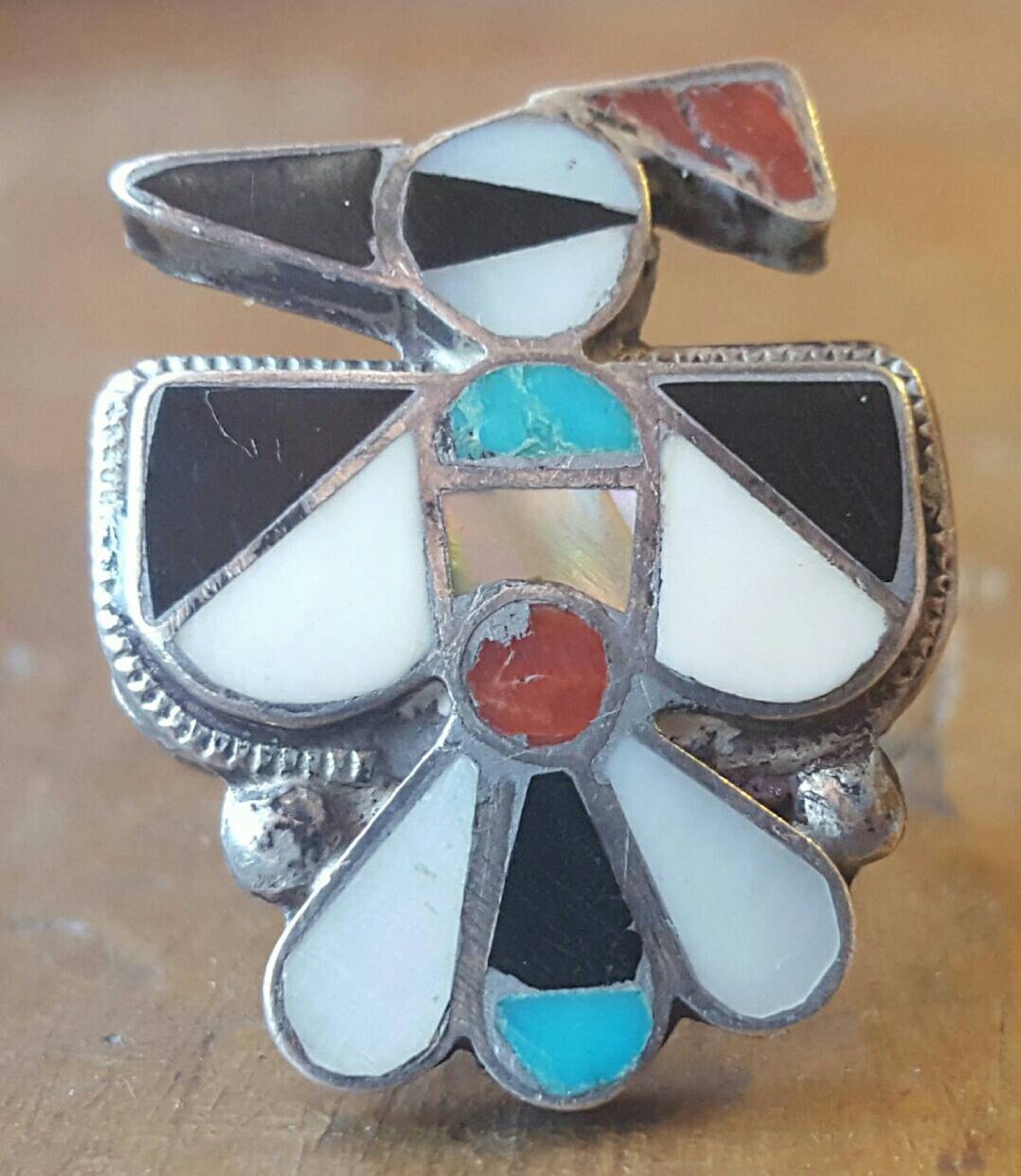 Authentic Vintage Zuni Mosaic Thunderbird Firebird Ring, Vintage Native ...
