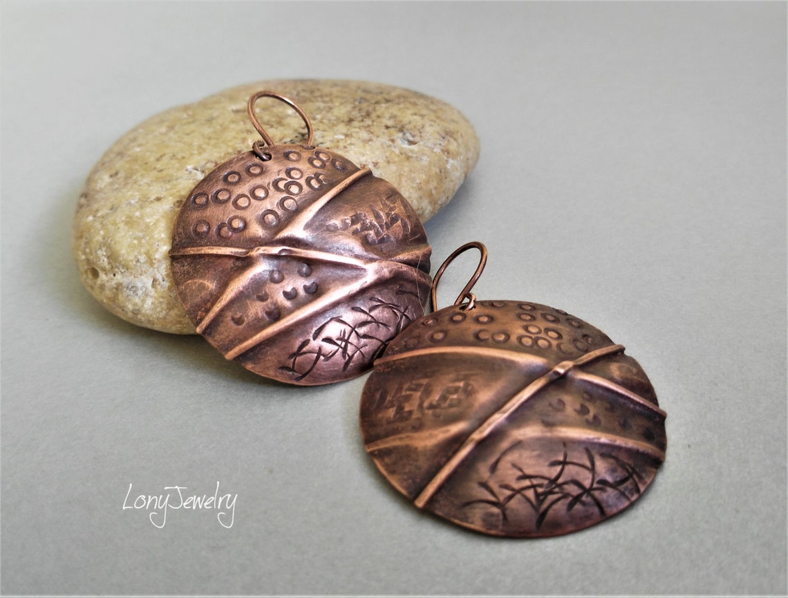 Copper Domed Earrings Handmade Fold Formed Earrings Disc Earrings ...