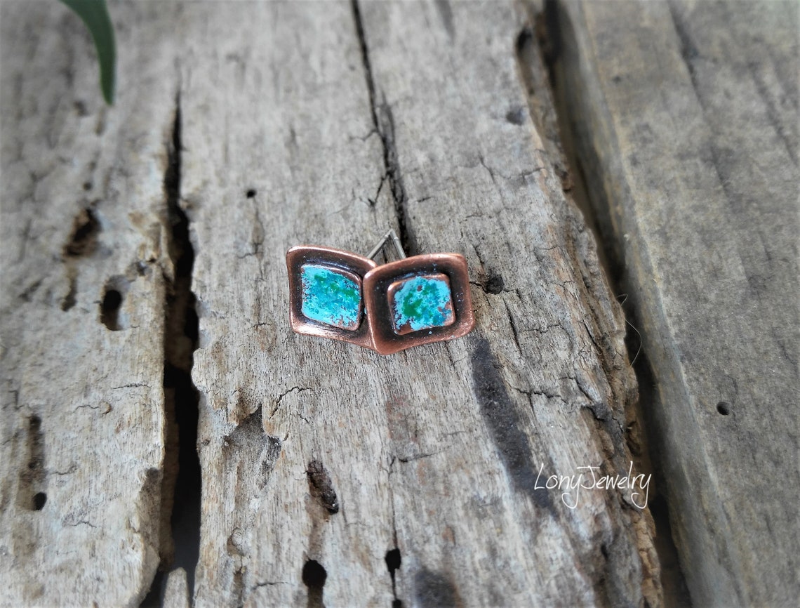 Square stud earrings Copper enamel studs Copper square | Etsy