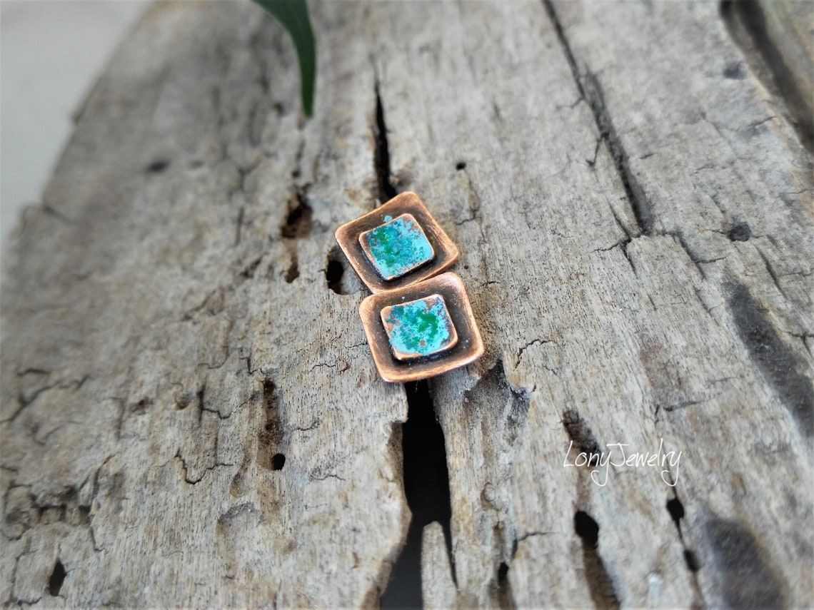 Square stud earrings Copper enamel studs Copper square | Etsy
