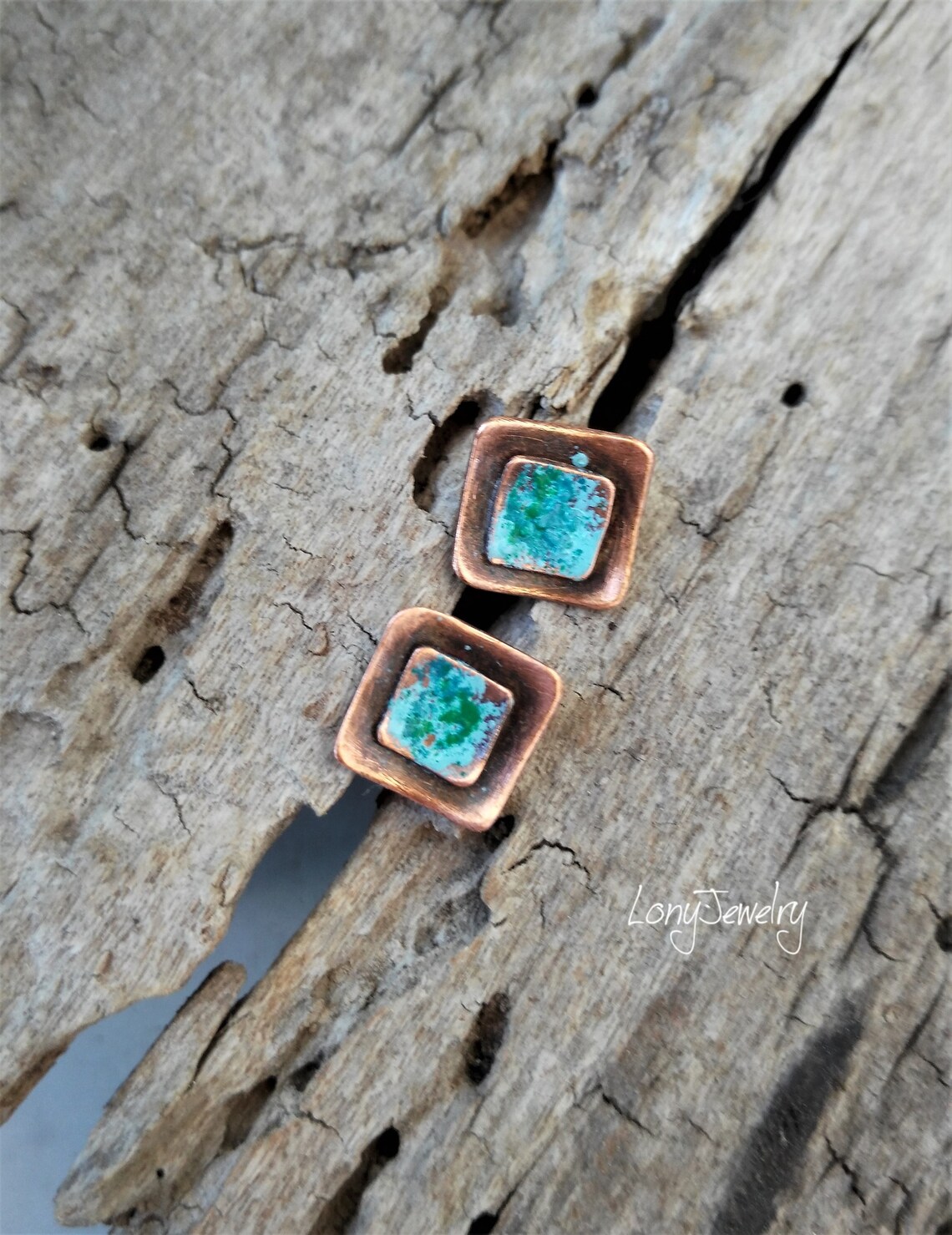 Square stud earrings Copper enamel studs Copper square | Etsy
