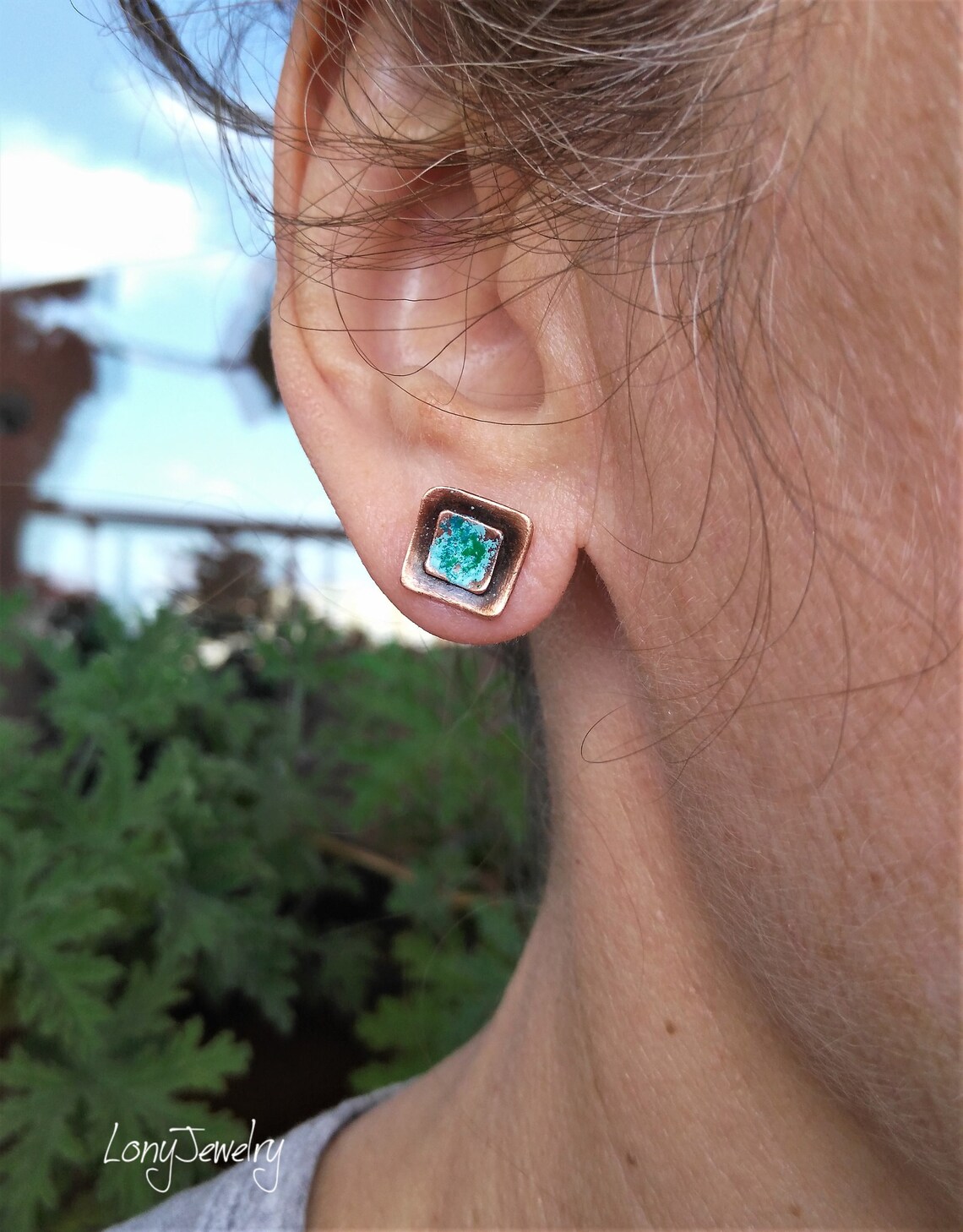 Square stud earrings Copper enamel studs Copper square | Etsy