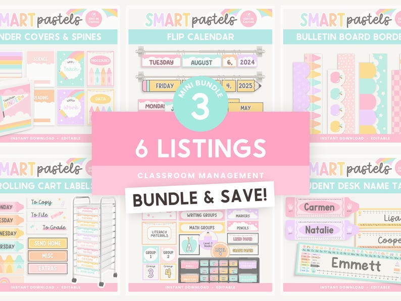 Editable Classroom Organization Printable Bundle, Bright Pastel ...