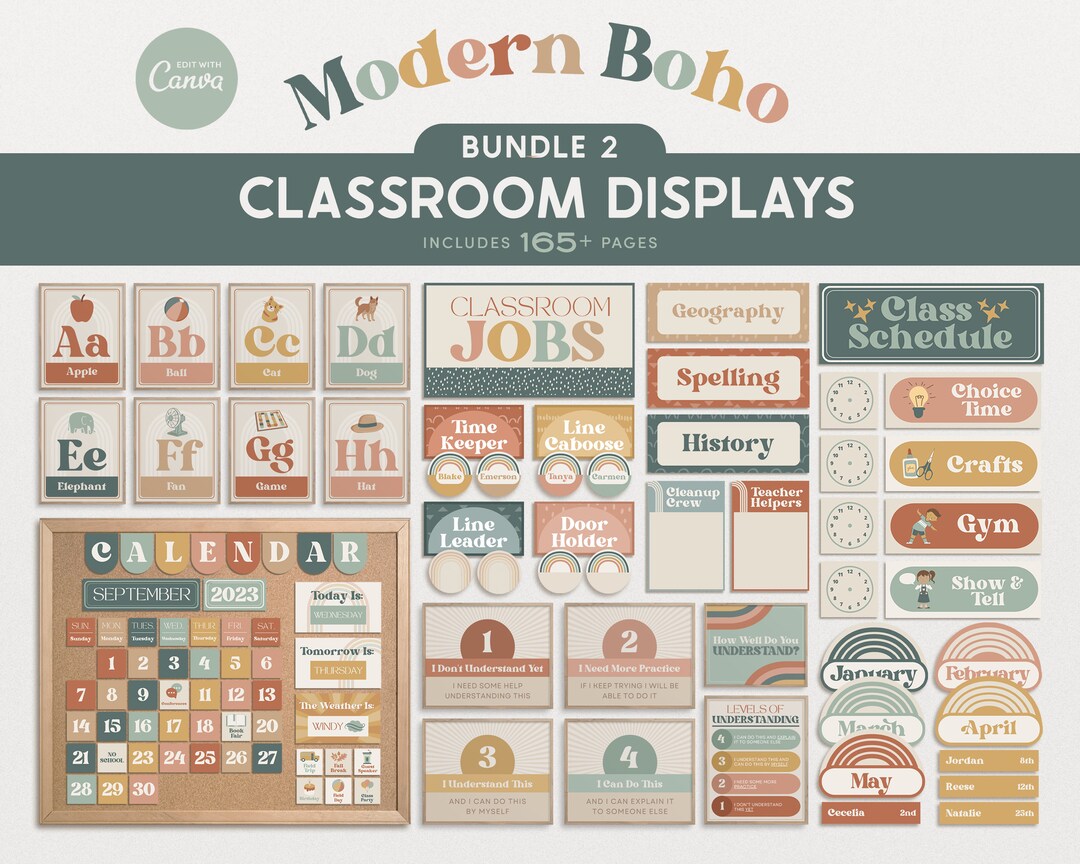 Editable Classroom Decor Modern Boho Bundle, Printable Canva Templates ...