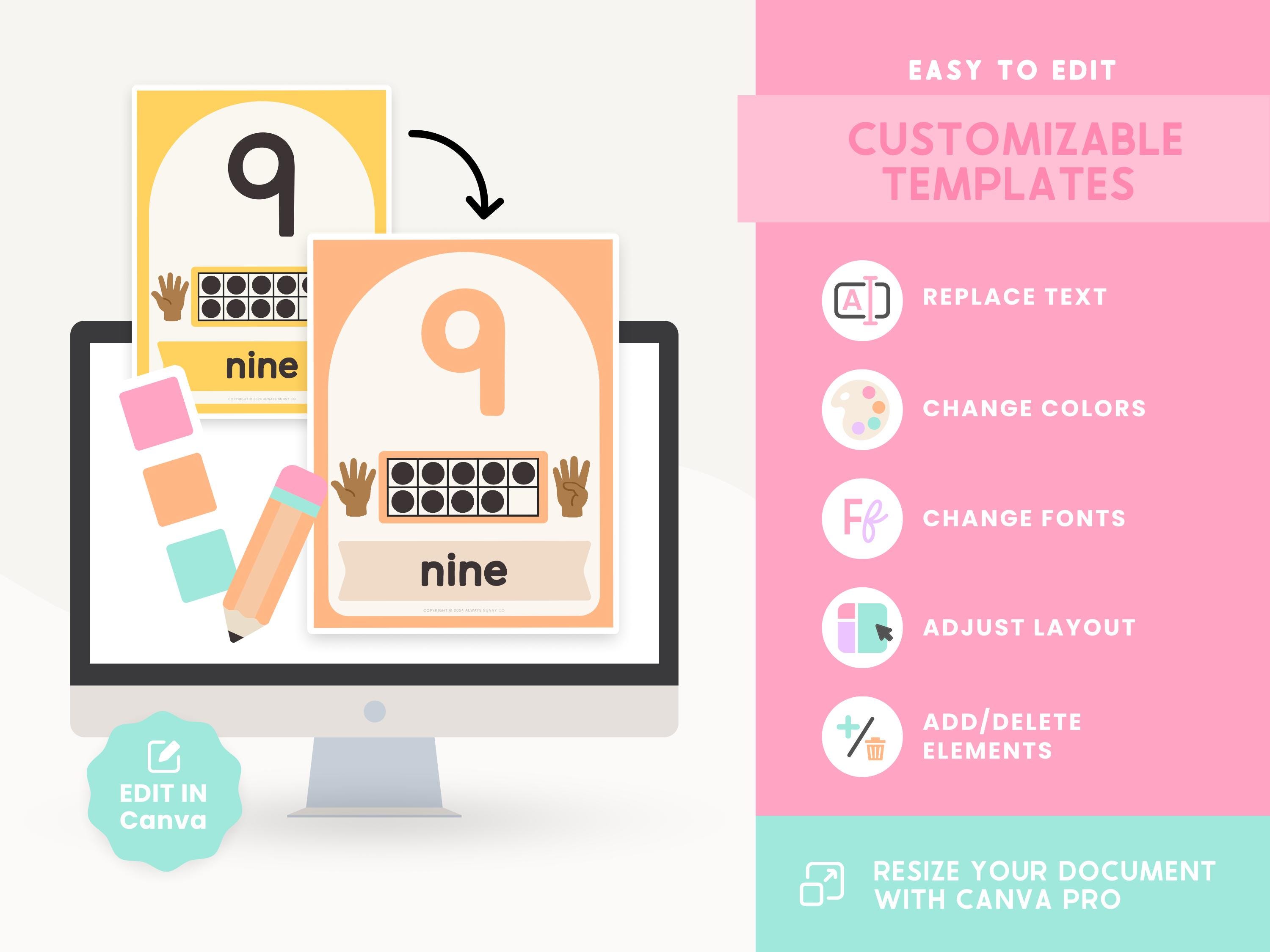 Number Ten Frames Classroom Editable Posters, Bright Pastels Counting ...