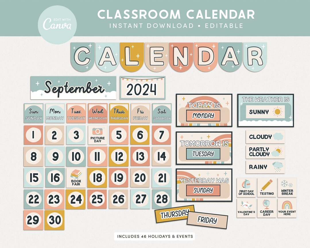 Classroom Calendar Display and Weather Station, Printable Pastel Soft ...