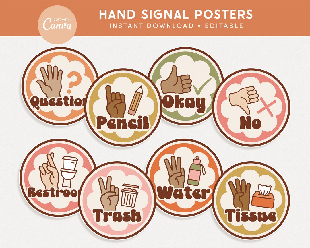 Classroom Hand Signals Poster Display, Editable in Canva, Retro Groovy ...