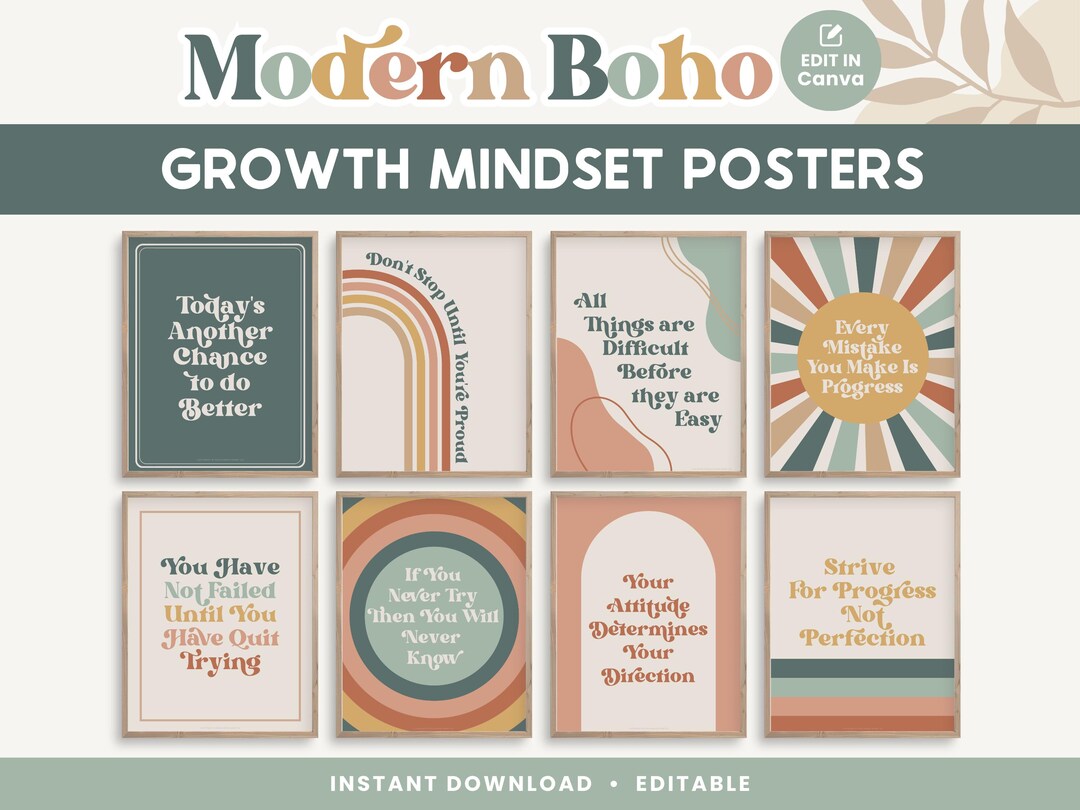 Growth Mindset Editable Classroom Printable Posters, Modern Boho ...