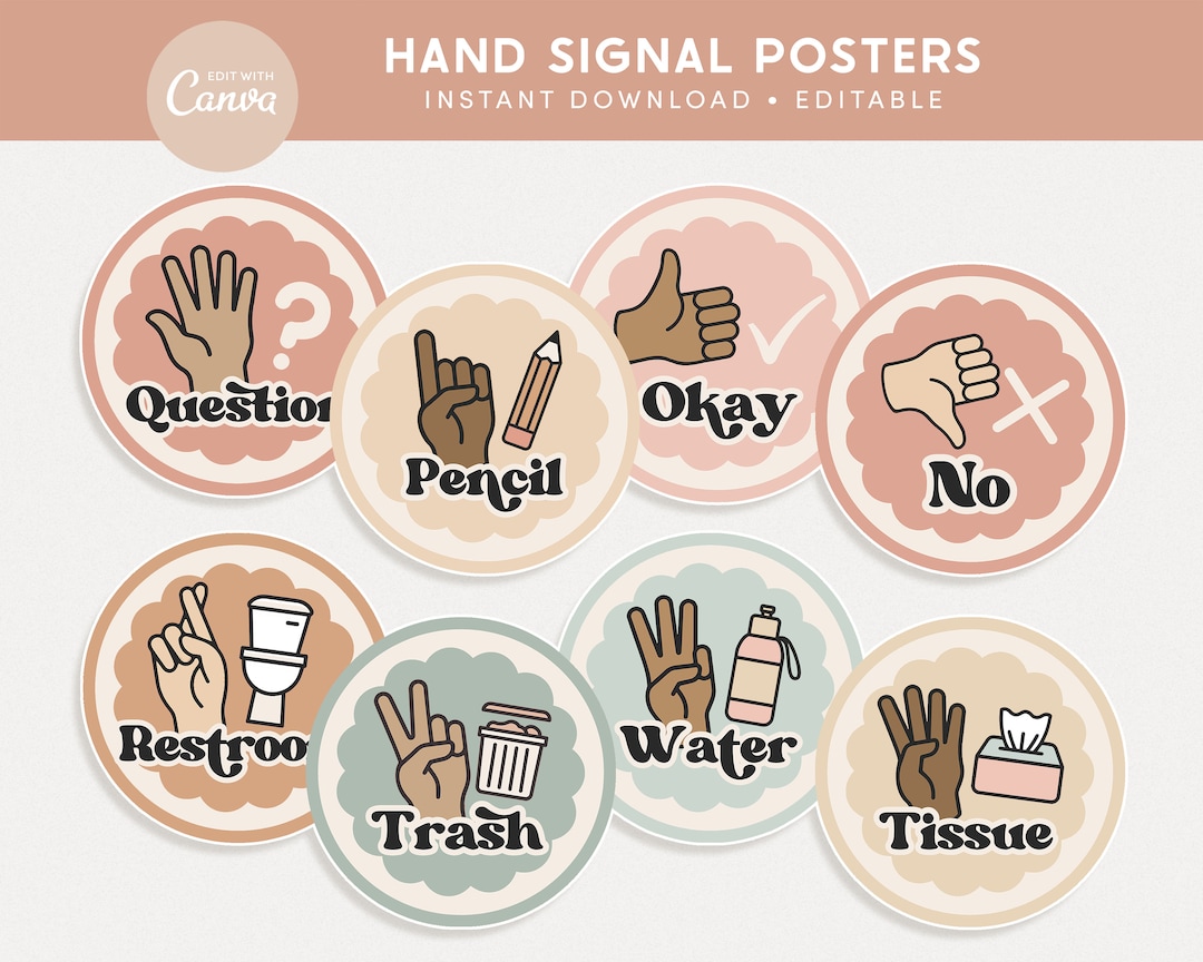 Classroom Hand Signals Poster Display, Editable in Canva, Pastel Retro ...