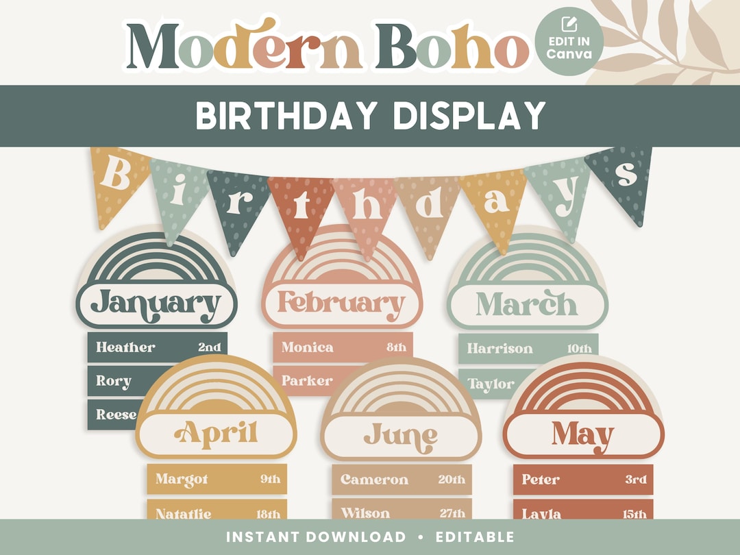 Classroom Birthday Printable Display, Editable in Canva, Boho Modern ...