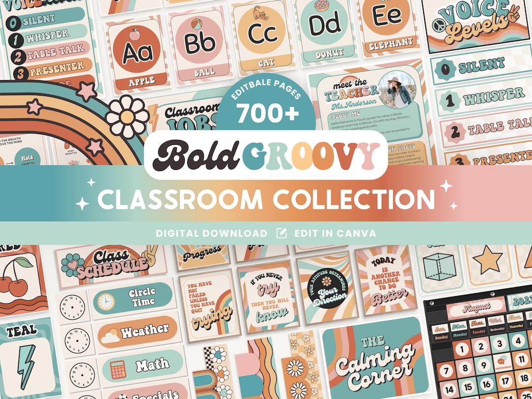 Editable Classroom Groovy Retro Complete Collection Printable Bundle ...