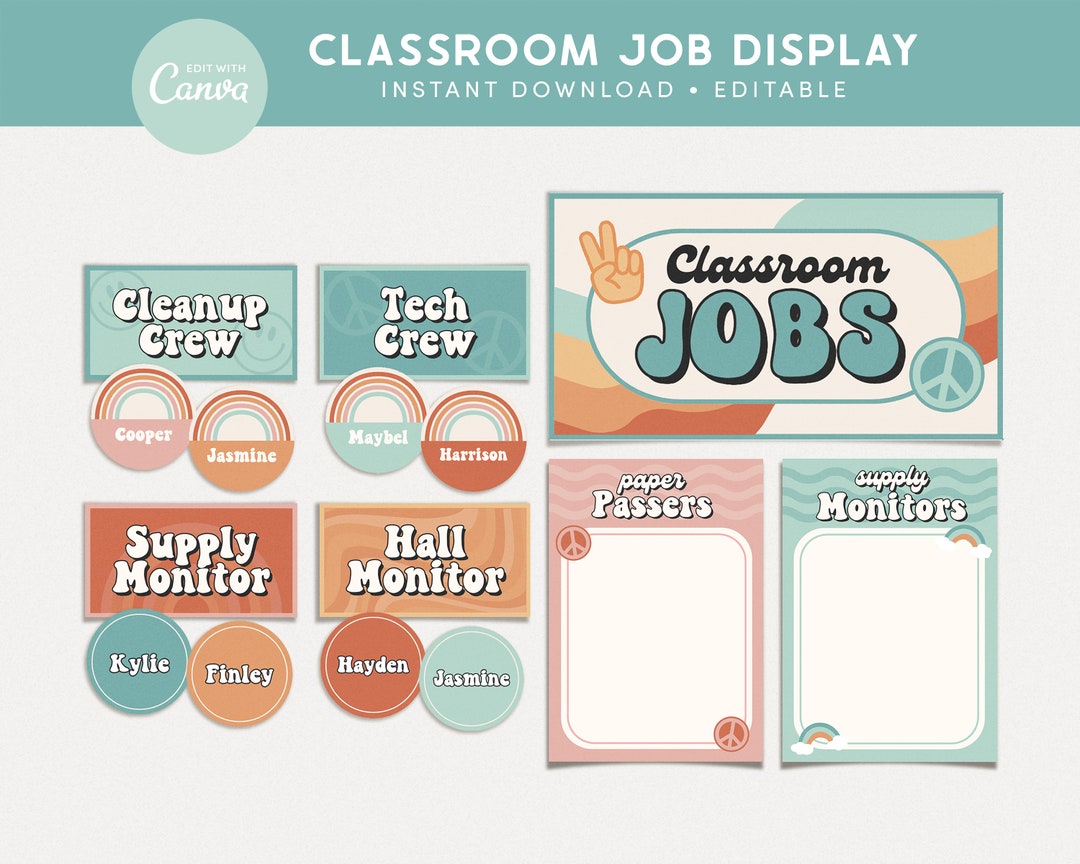 Classroom Job Display, Editable Groovy Canva Templates, Retro Classroom ...