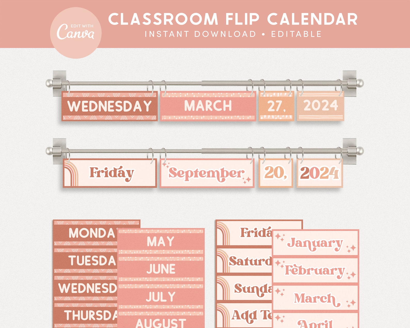 Classroom Flip Calendar Display, Rosy Boho Classroom Decor, Editable ...
