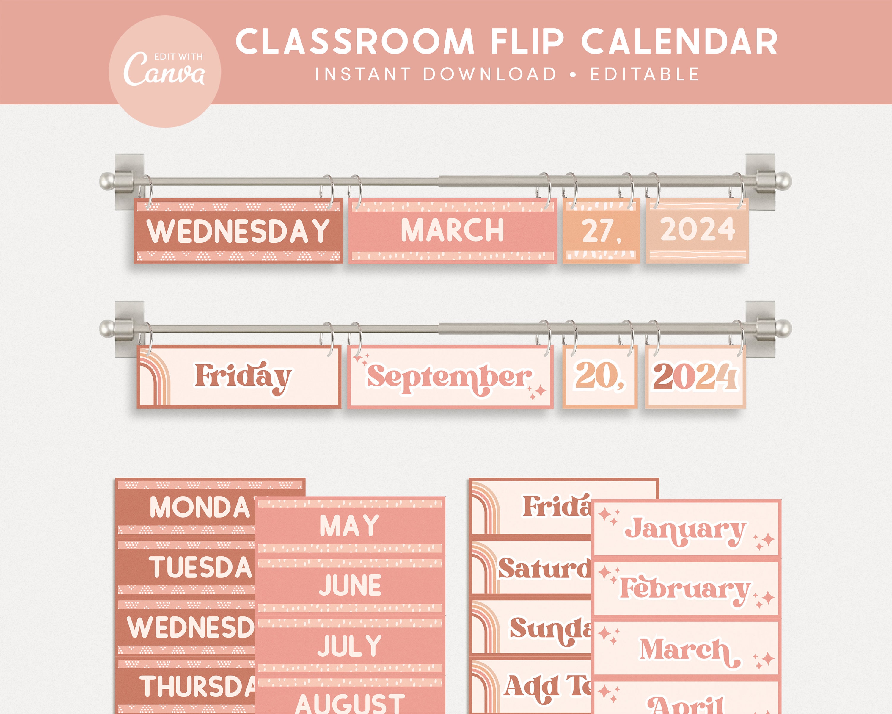 Classroom Flip Calendar Display, Rosy Boho Classroom Decor, Editable ...