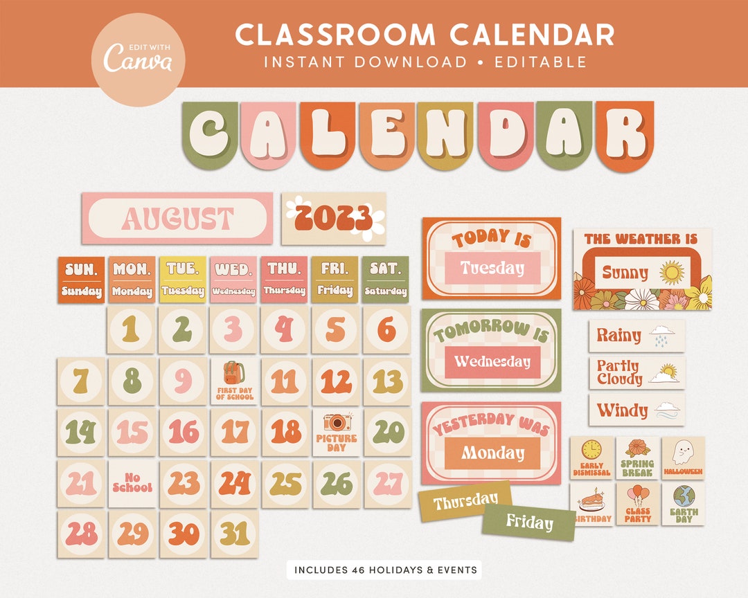 Classroom Calendar Display and Weather Station, Printable Retro Groovy ...