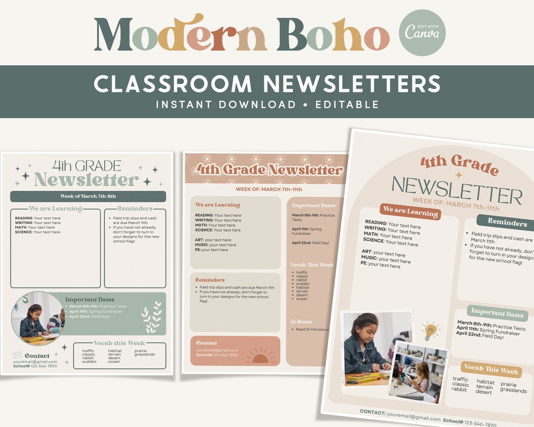 Classroom Newsletter Editable Templates, Back to School, Modern Boho ...