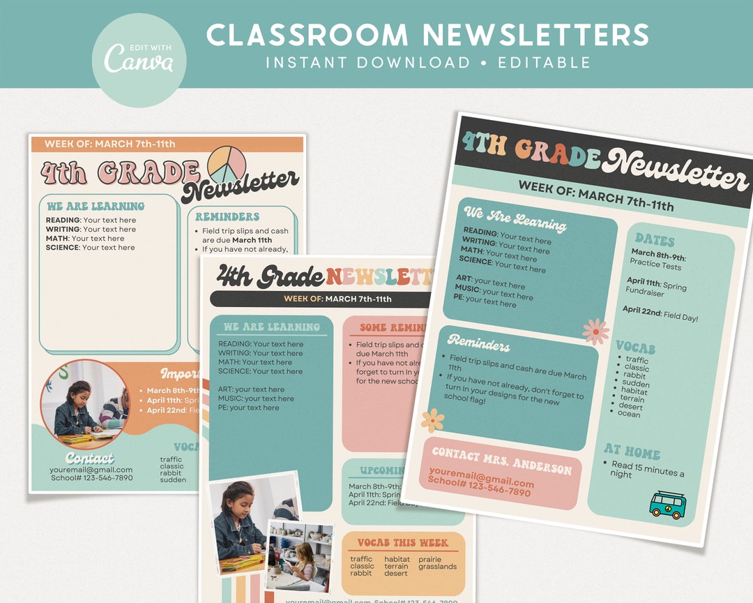 Classroom Newsletter Editable Templates, Groovy Back to School, Retro ...