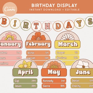 Classroom Birthday Printable Display, Editable in Canva, Groovy Retro ...