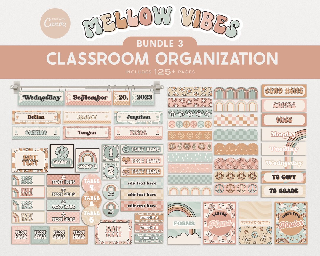 Editable Classroom Organization Pastel Retro Bundle, Printable Canva ...