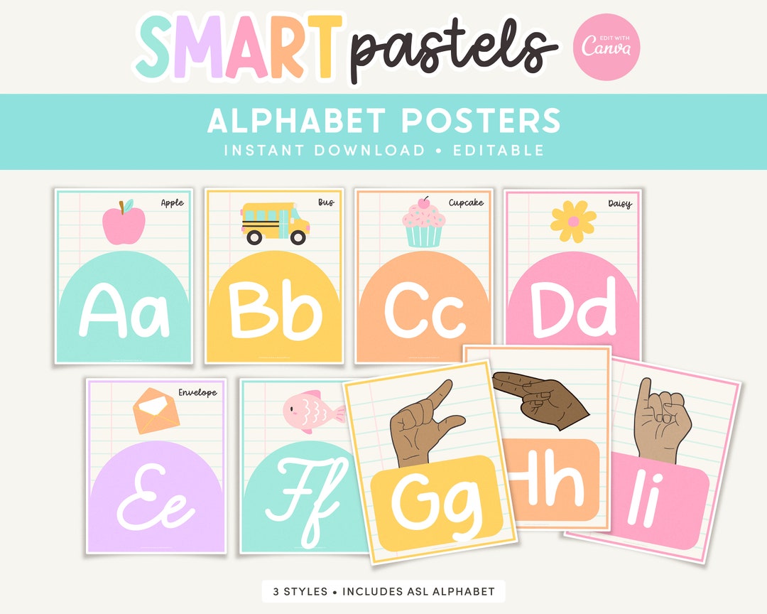 Alphabet Classroom Editable Posters, ASL Letter Templates, Cute Rainbow ...