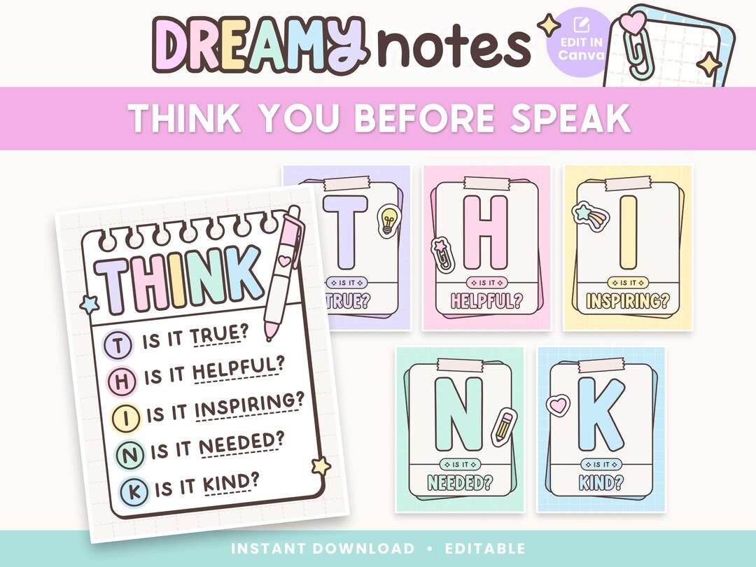 Editable Think Classroom Printable Posters, Think Before You Speak ...