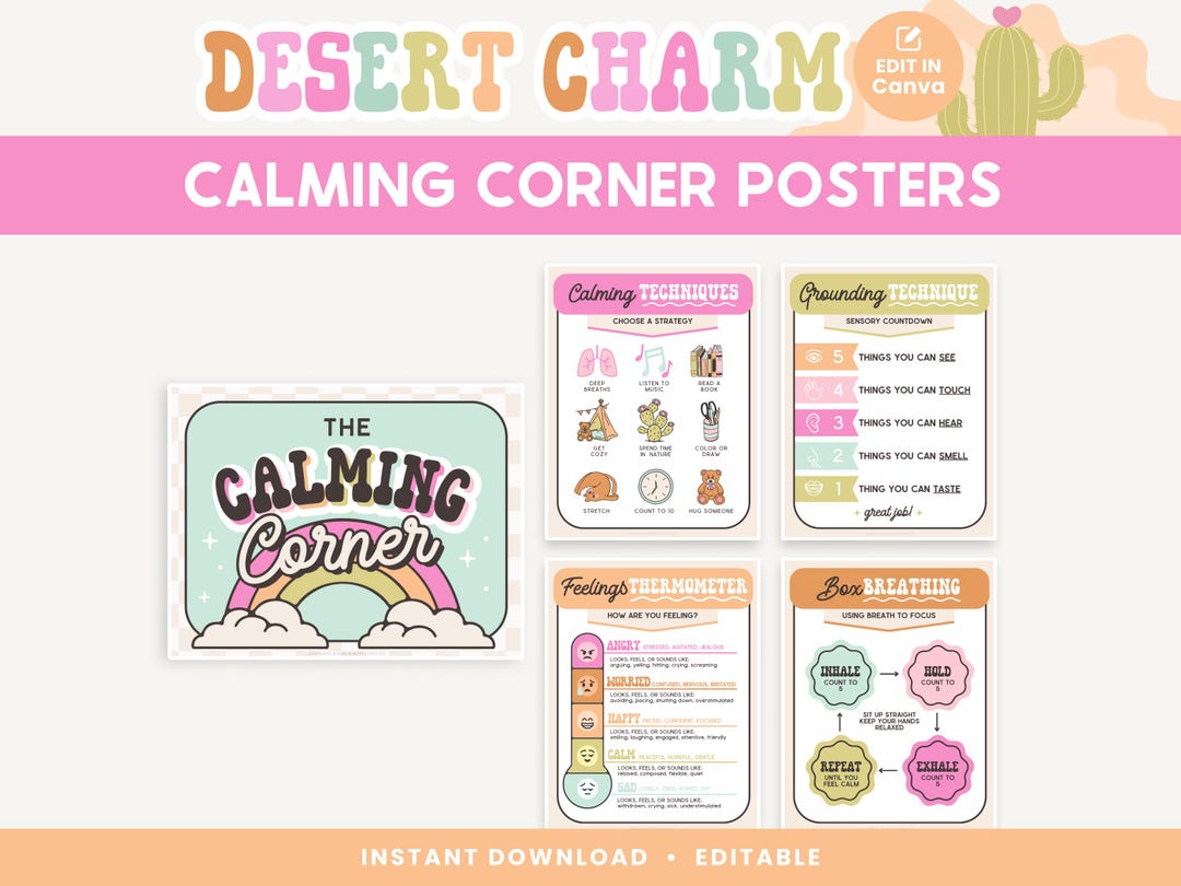 Calming Corner Editable Classroom Printables, Calm Down Skills, Desert ...