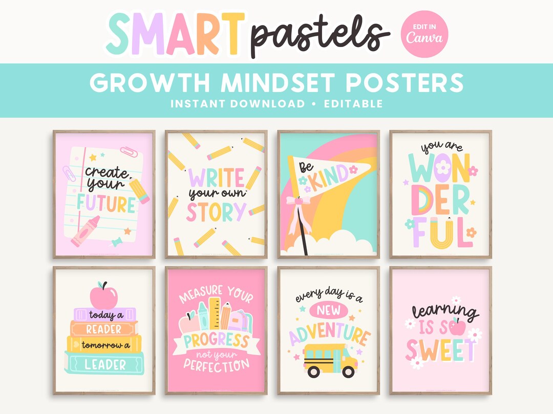 Growth Mindset Editable Classroom Printable Posters, Bright Rainbow ...