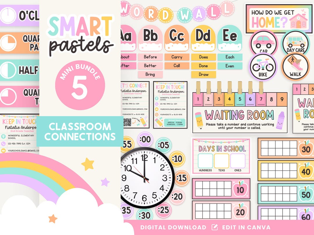 Editable Classroom Connections Printable Bundle, Bright Pastel Word ...
