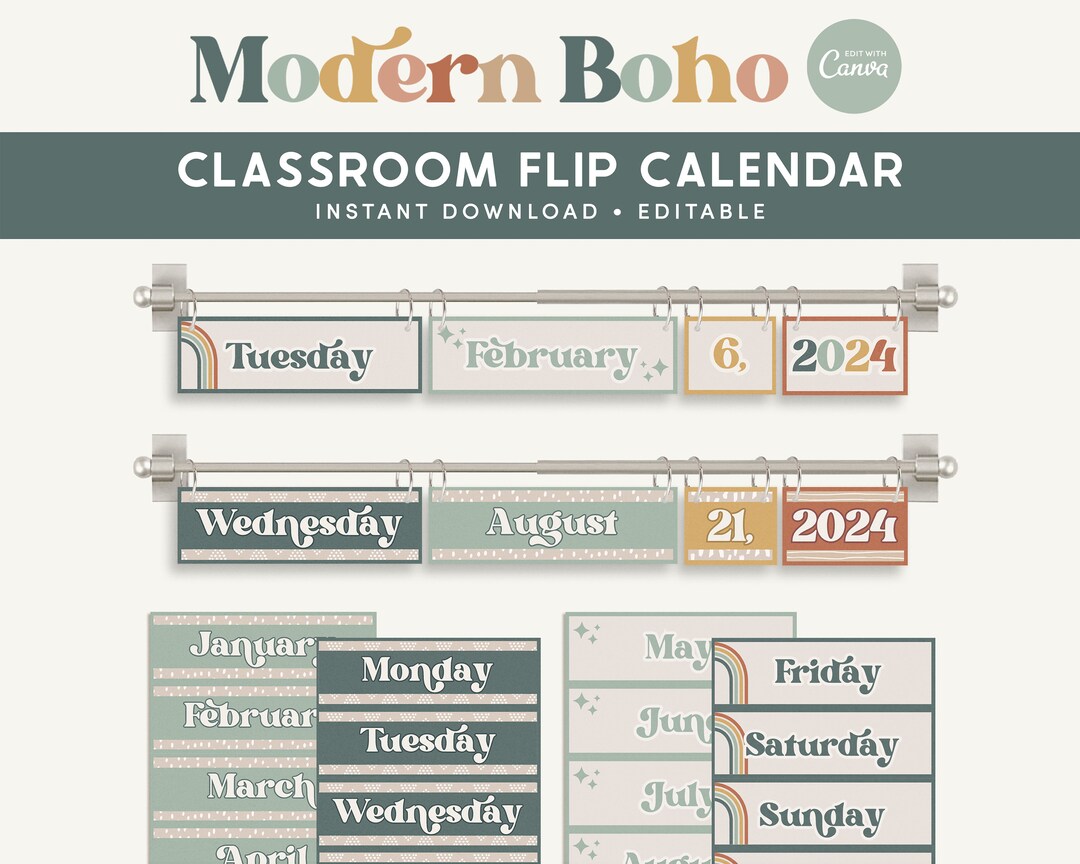 Classroom Flip Calendar Display, Modern Boho Classroom Decor, Editable ...