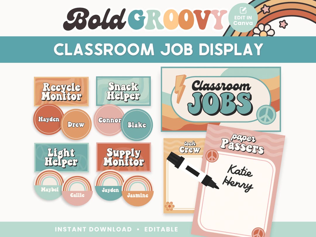Classroom Job Display, Editable Groovy Canva Templates, Retro Classroom ...