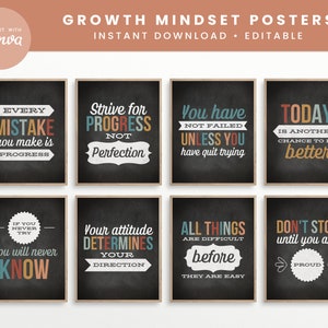 Editable Growth Mindset Classroom Printable Posters, Boho Canva ...