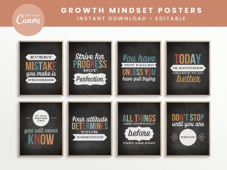 Editable Growth Mindset Classroom Printable Posters, Boho Canva ...