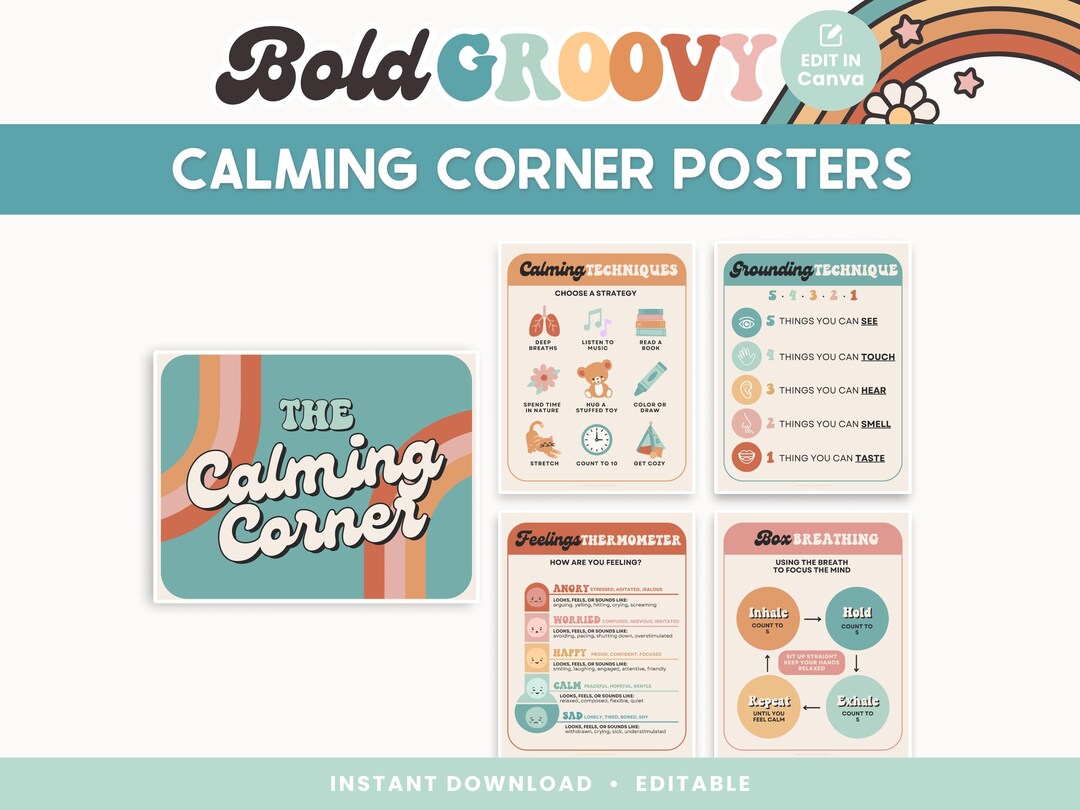 Calming Corner Editable Classroom Printables, Groovy Retro Canva ...