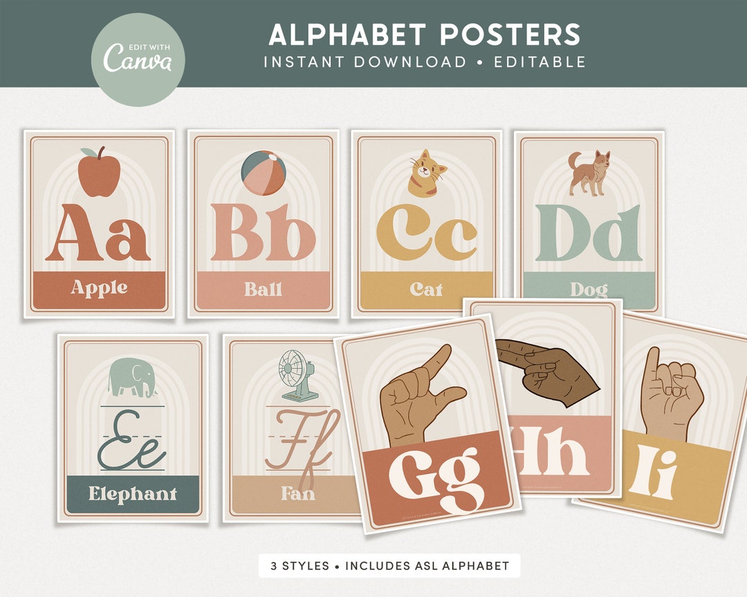 Alphabet Classroom Editable Posters, Letter Templates, Boho Canva ...
