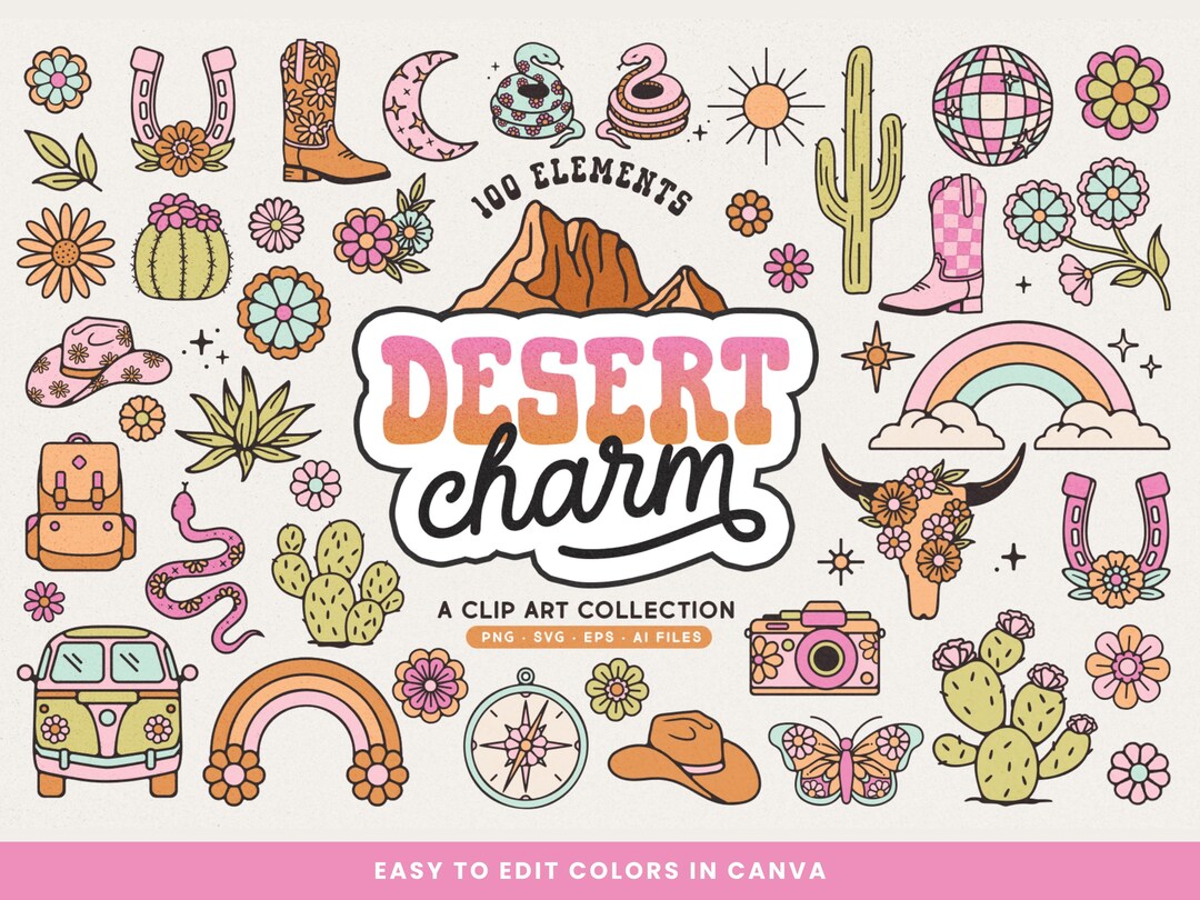 Desert Charm Clip Art Western Svgs, Pngs, EPS, AI Files, Cactus, Cowboy ...